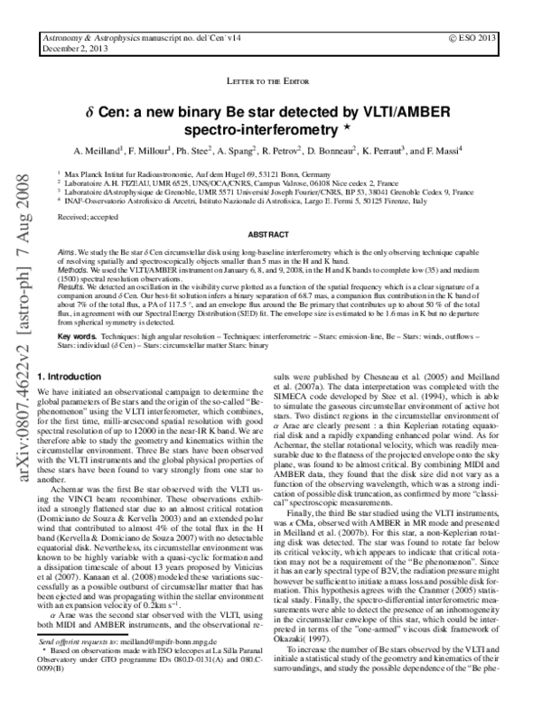 (PDF) delta Centauri: a new binary Be star detected by VLTI/AMBER ...