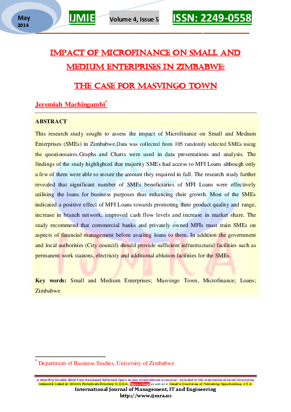 (PDF) Impact of Microfinance on Small and Medium Enterprises in Zimbabwe : The Case for Masvingo ...
