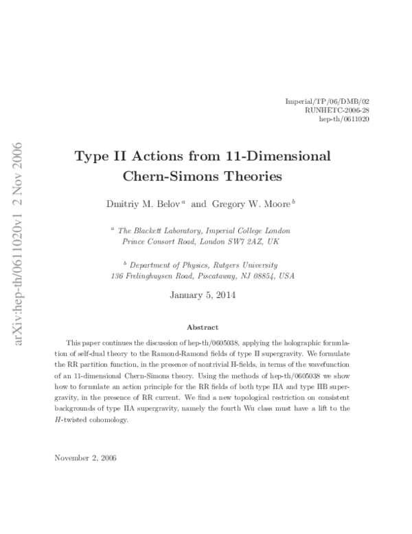 (PDF) Type II Actions from 11Dimensional Chern-Simons Theories