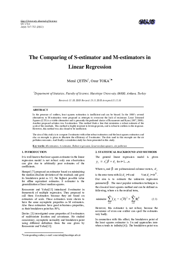 (PDF) The Comparing of S-estimator and M-estimators in Linear Regression