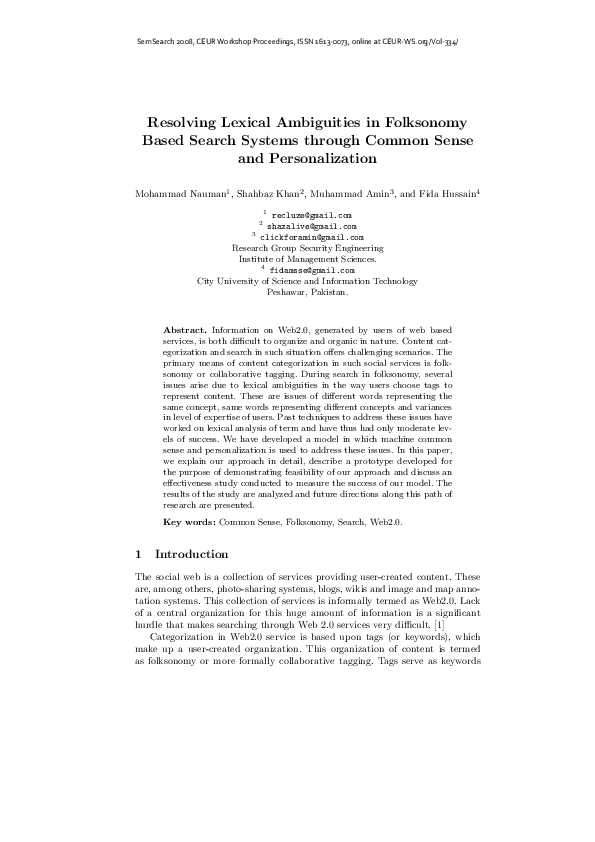(PDF) Resolving Lexical Ambiguities in Folksonomy Based Search Systems through Common Sense and ...