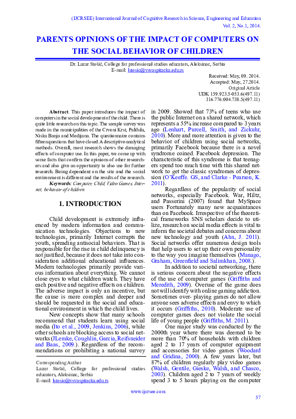 (PDF) PARENTS OPINIONS OF THE IMPACT OF COMPUTERS ON THE SOCIAL ...