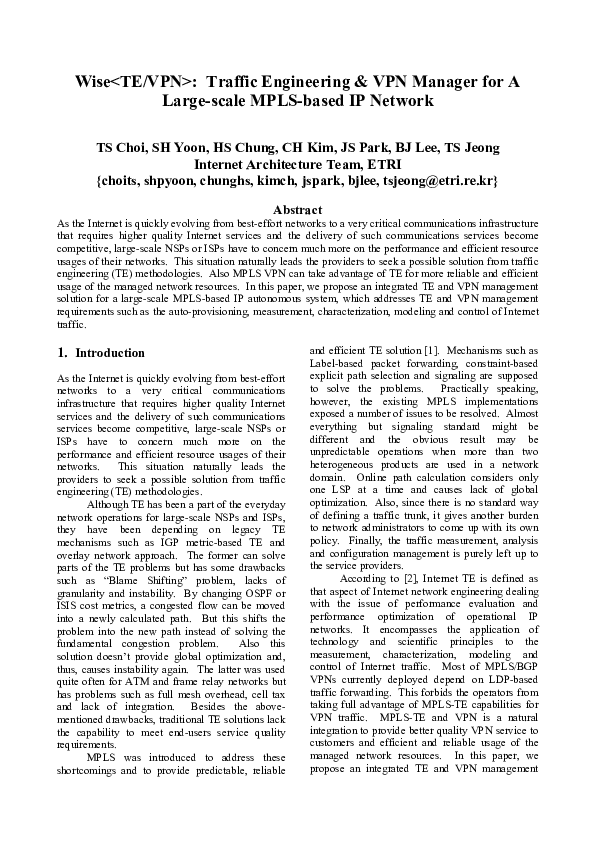 (PDF) Wise : Traffic Engineering & VPN Manager for A Large-scale MPLS-based IP Network | bj lee ...