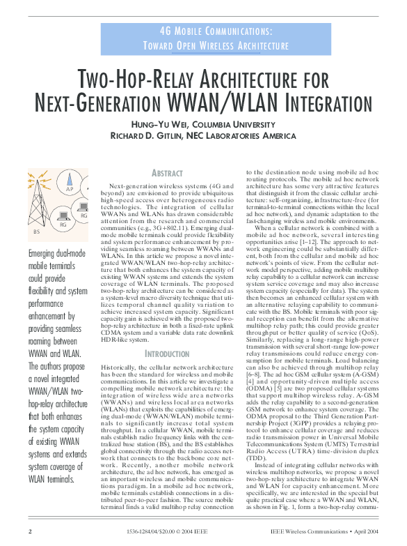 (PDF) Two-hop-relay architecture for next-generation WWAN/WLAN integration | Richard Gitlin ...
