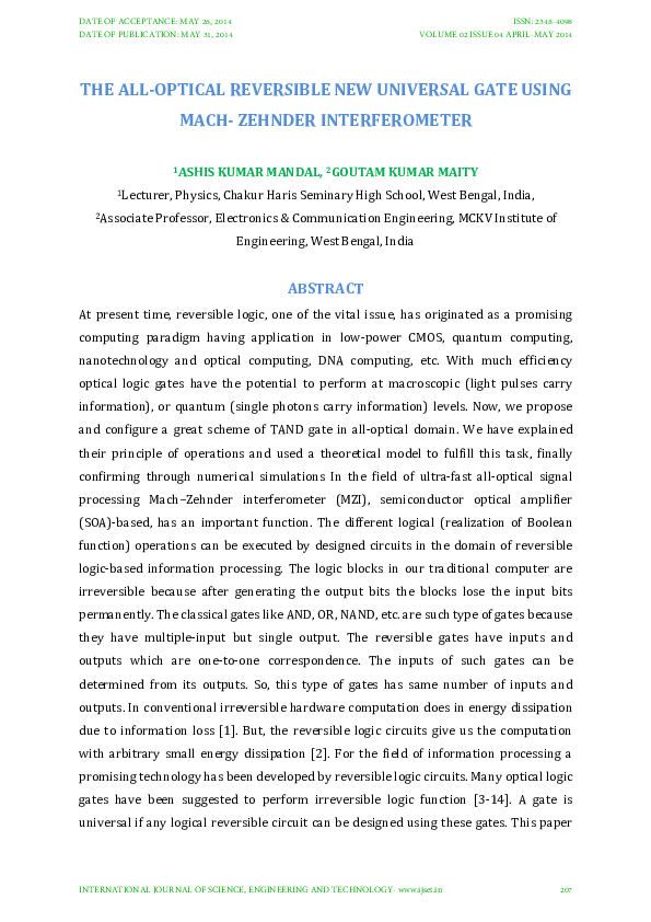 (PDF) THE ALL‐OPTICAL REVERSIBLE NEW UNIVERSAL GATE USING MACH‐ ZEHNDER INTERFEROMETER