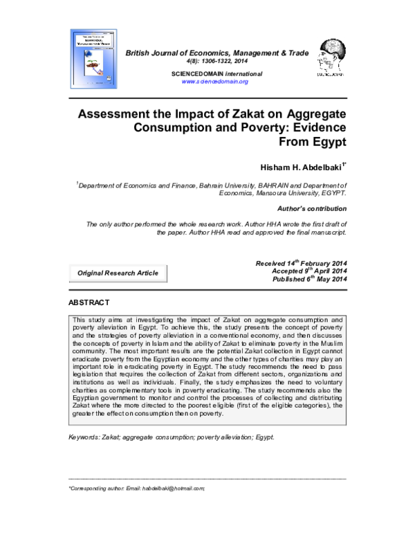(PDF) Assessment the Impact of Zakat on Aggregate Consumption and Poverty: Evidence From Egypt
