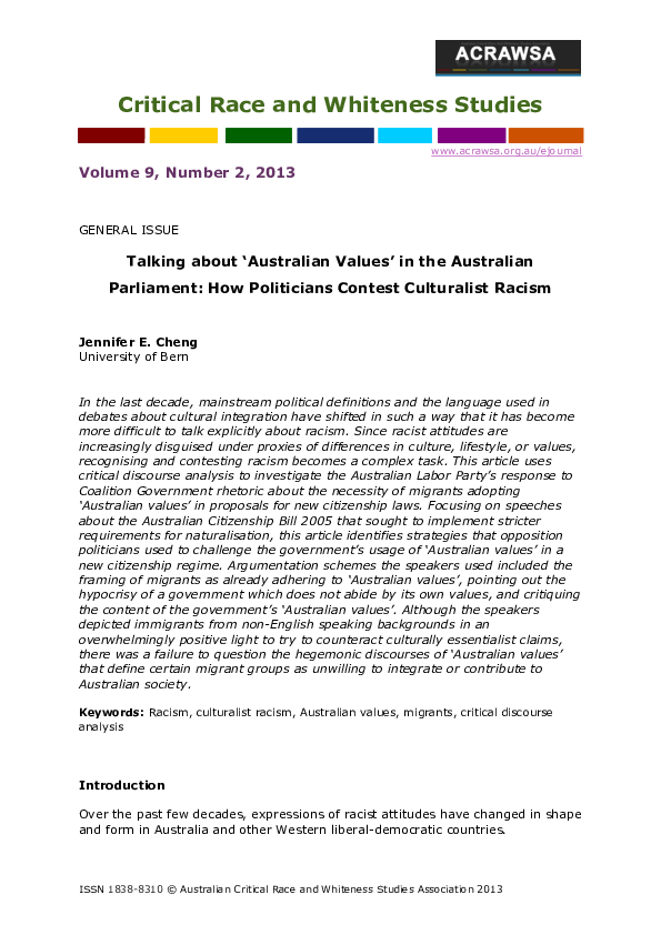 (PDF) Talking about 'Australian Values' in the Australian Parliament ...