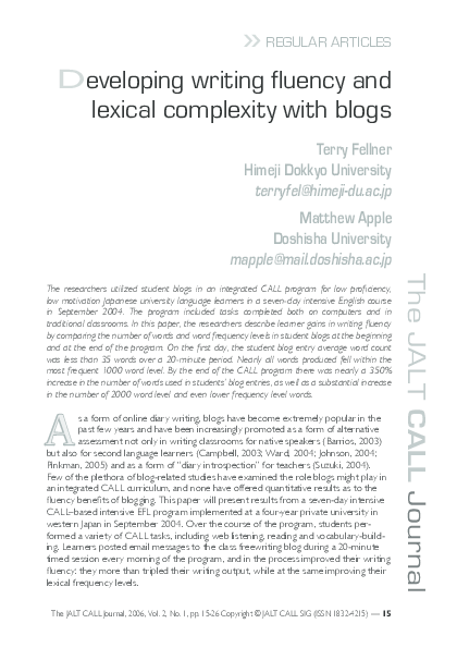 (PDF) The JALT CALL Journal » REGULAR ARTICLES Developing writing fluency and lexical complexity ...