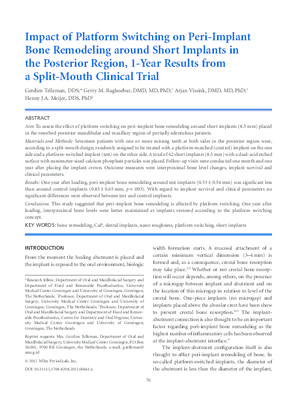 (PDF) Impact of Platform Switching on Peri-Implant Bone Remodeling around Short Implants in the ...