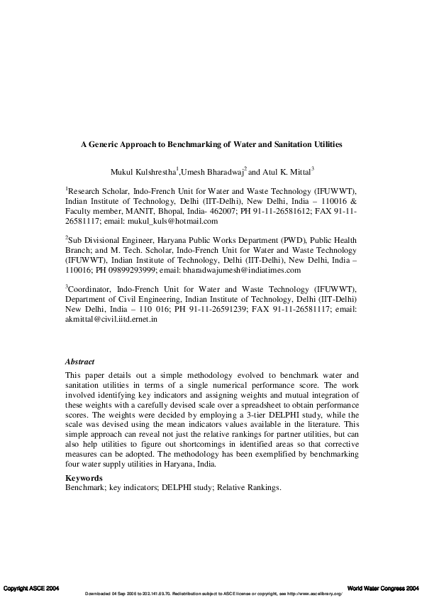 (PDF) A Generic Approach to Benchmarking of Water and Sanitation Utilities