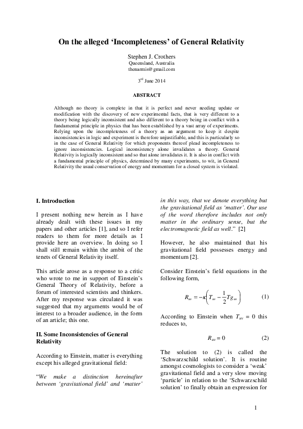 (PDF) On the alleged ‘Incompleteness’ of General Relativity | Stephen J ...