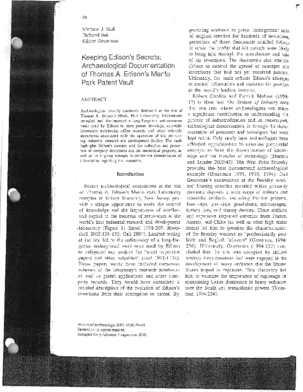 Keeping Edison's Secrets: Archaeological Documentation of Thomas A ...