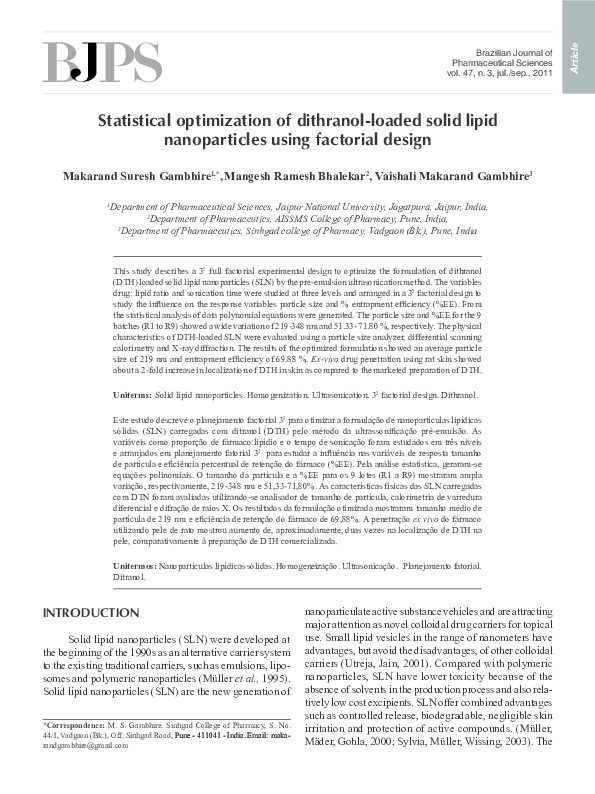 Pdf Statistical Optimization Of Dithranol Loaded Solid Lipid Nanoparticles Using Factorial