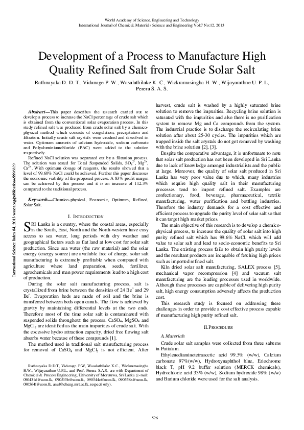(PDF) Development of a Process to Manufacture High Quality Refined Salt ...