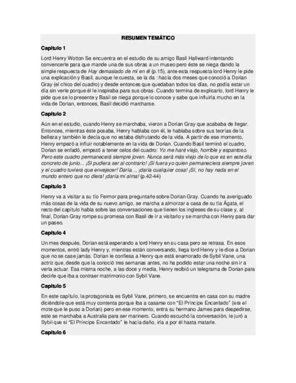 (DOC) Resumen tematico libro doryan gray