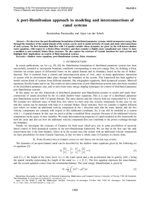 (PDF) A port-Hamiltonian approach to modeling and interconnections of canal systems