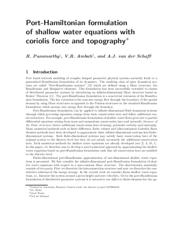 Pdf Port Hamiltonian Formulation Of Shallow Water Equations With Coriolis Force And Topography