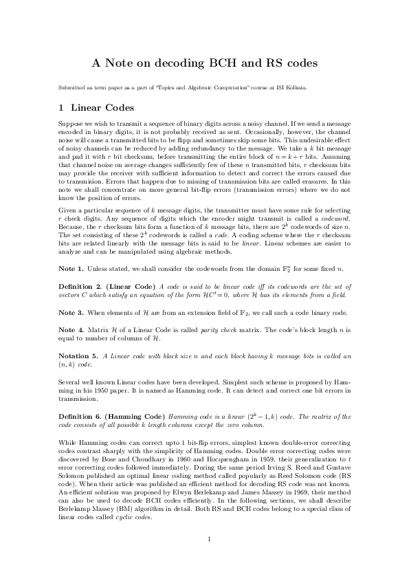 (PDF) A Note on decoding BCH and RS codes