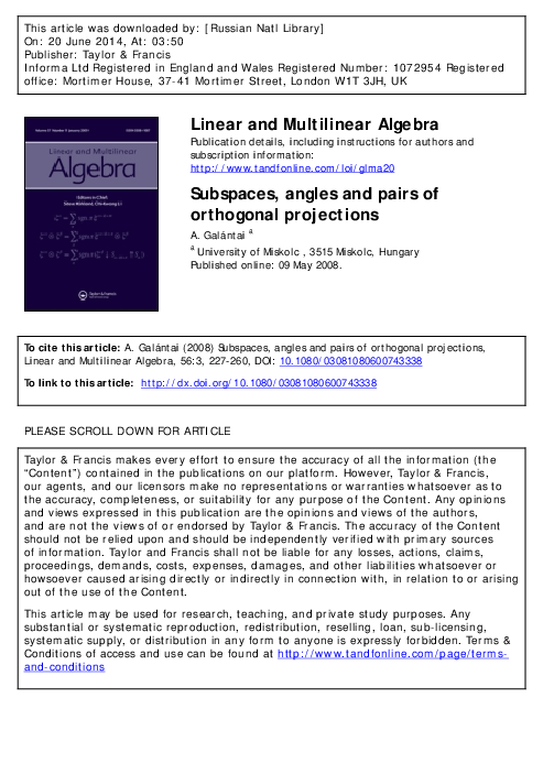 Pdf Reshetov La Subspaces Angles And Pairs Of Orthogonal Projections
