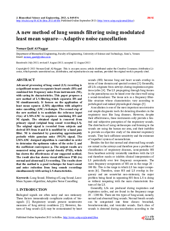 Pdf A New Method Of Lung Sounds Filtering Using Modulated Least Mean Square—adaptive Noise