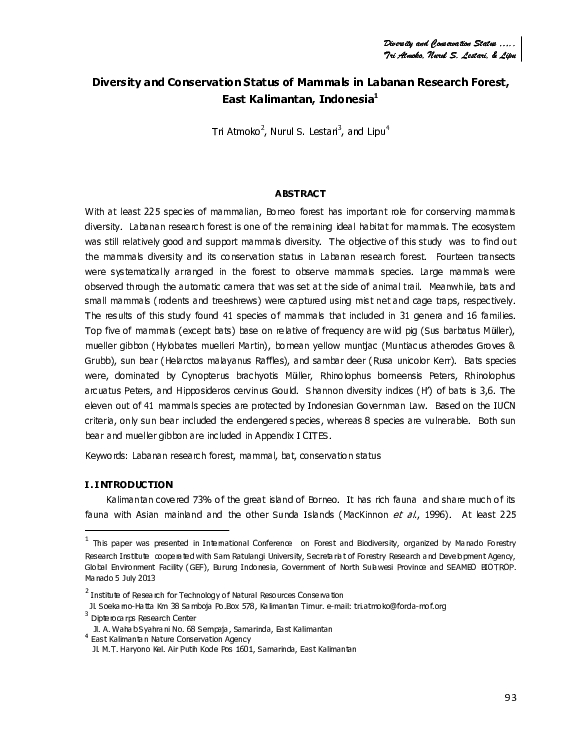 (PDF) Diversity of Recorded Wild Mammals in Mount Tumpa Forest Park ...