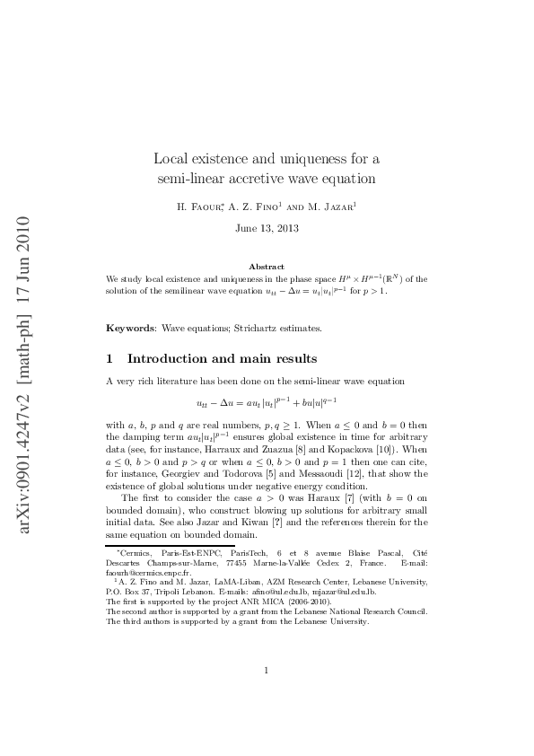 (PDF) Local existence and uniqueness for a semi-linear accretive wave ...