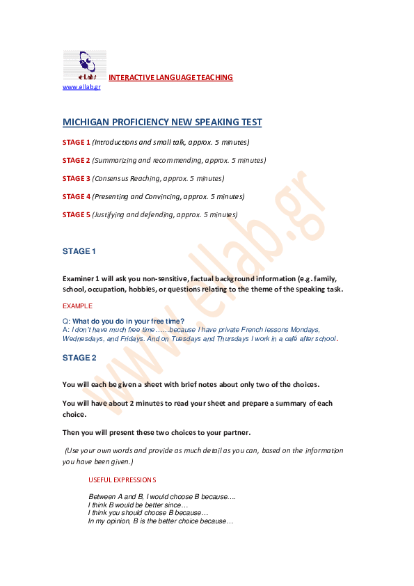 INTERACTIVE TEACHING MICHIGAN PROFICIENCY NEW SPEAKING TEST