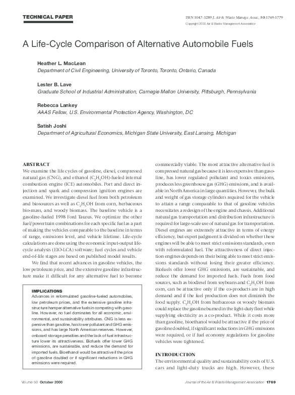 (PDF) A Life-Cycle Comparison of Alternative Automobile Fuels