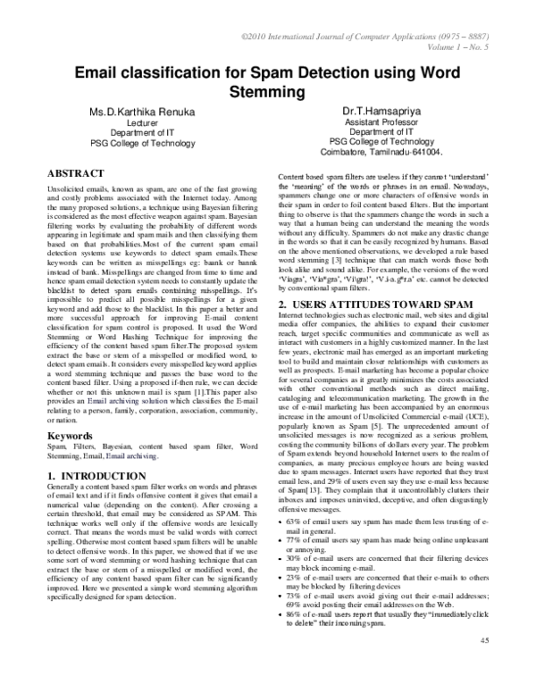 Pdf Email Classification For Spam Detection Using Word Stemming Karthika Renuka