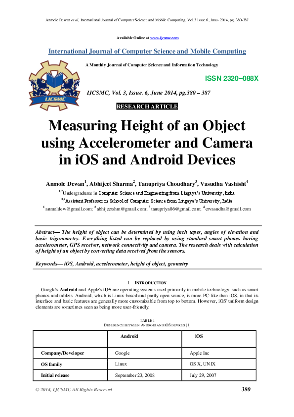 (PDF) Measuring Height of an Object using Accelerometer and Camera in ...