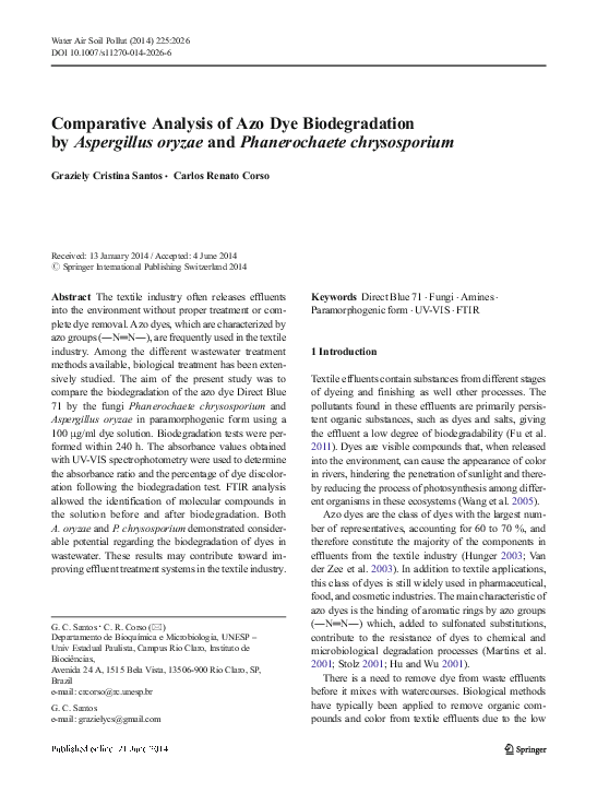 (PDF) Comparative Analysis of Azo Dye Biodegradation by Aspergillus oryzae and Phanerochaete ...