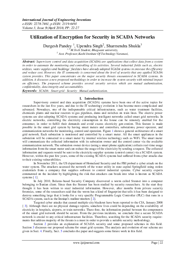 (PDF) Utilization of Encryption for Security in SCADA Networks