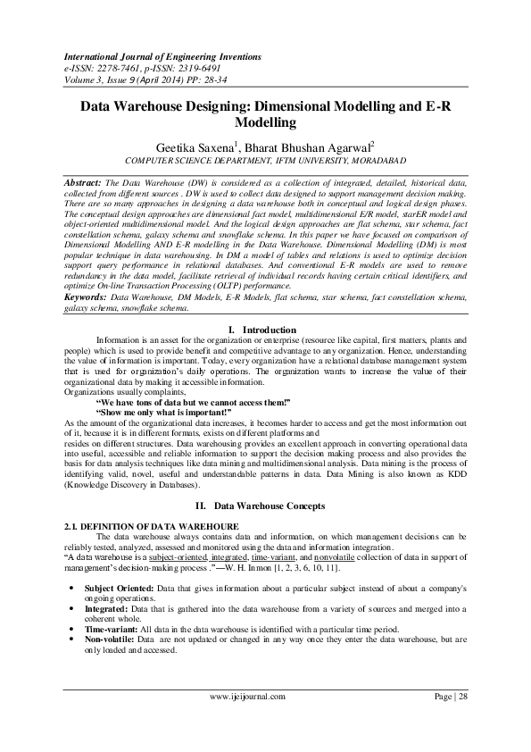 (PDF) Data Warehouse Designing: Dimensional Modelling and E-R Modelling