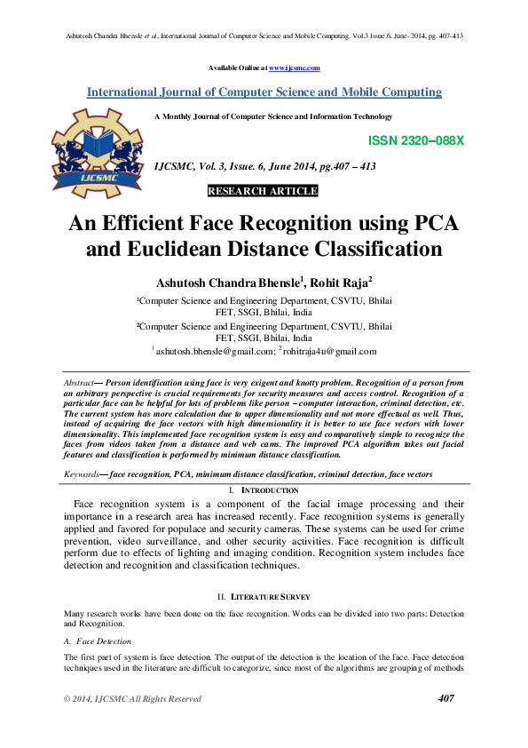 Pdf An Efficient Face Recognition Using Pca And Euclidean Distance Classification﻿