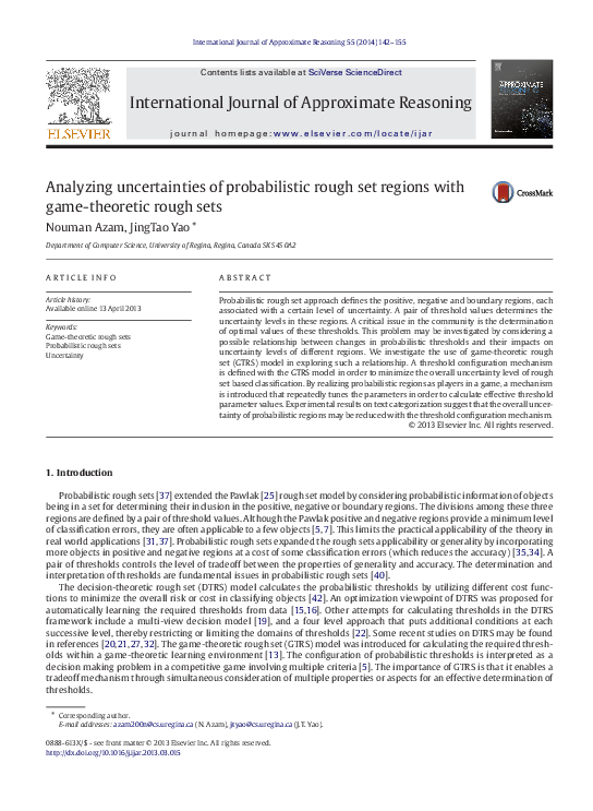 (PDF) Analyzing uncertainties of probabilistic rough set regions with game-theoretic rough sets