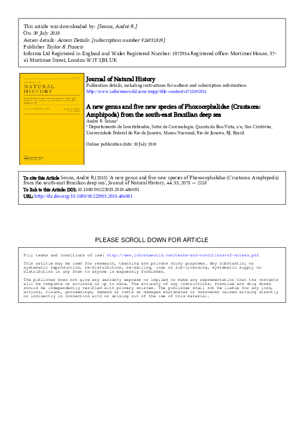 (PDF) A new genus and five new species of Phoxocephalidae (Crustacea ...
