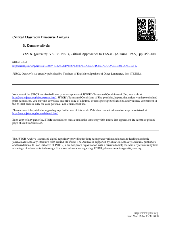 (PDF) Critical Classroom Discourse Analysis