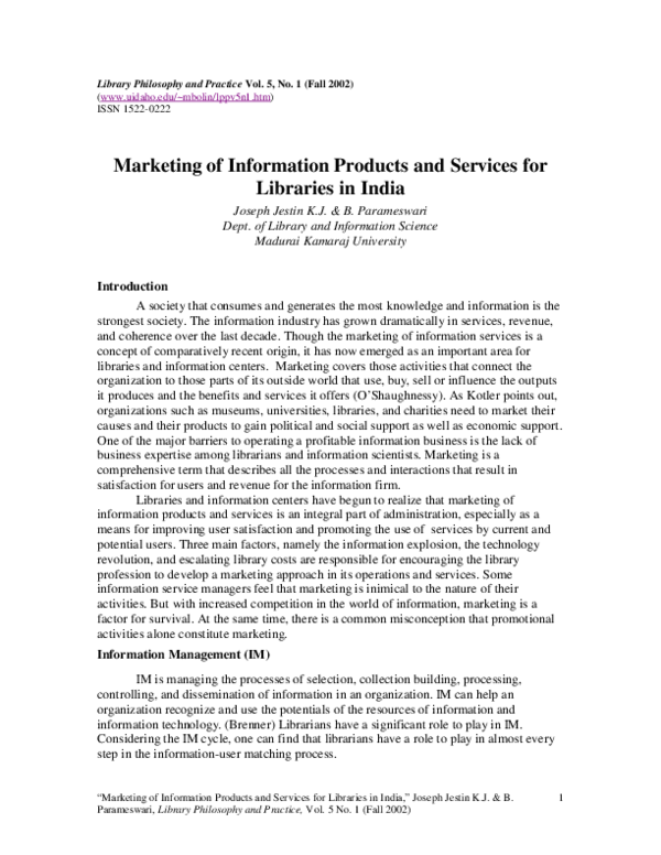 (PDF) Marketing of Information Products and Services for Libraries in India