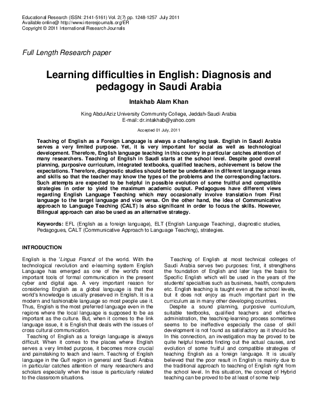 (PDF) Learning difficulties in English and pedagogy in Saudi arabia