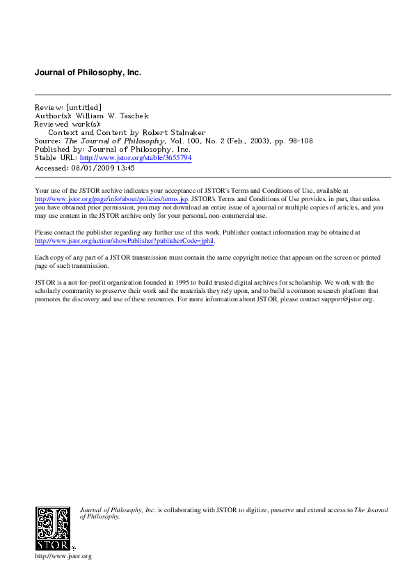 (PDF) Review of R. Stalnaker's CONTENT AND CONTEXT