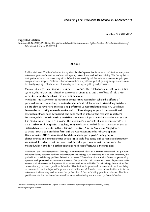 (PDF) Predicting the problem behaviors in Adolescence