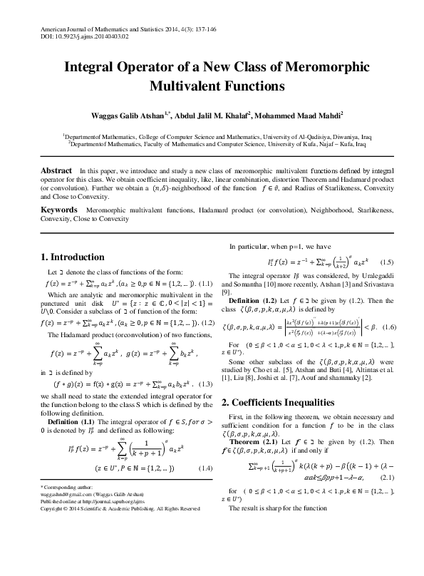 (PDF) Integral Operator of a New Class of Meromorphic Multivalent Functions