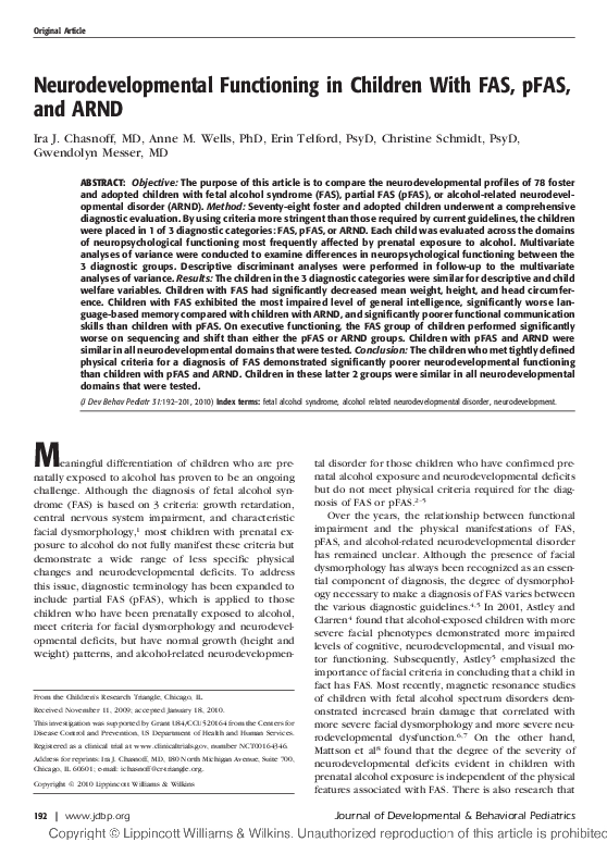 (PDF) Neurodevelopmental Functioning in Children With FAS, pFAS, and ARND