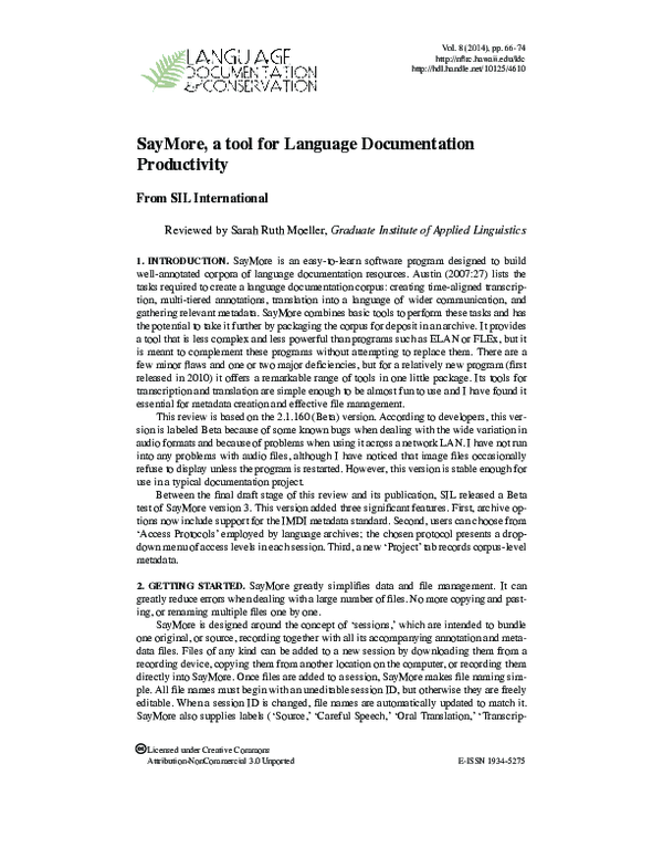 (PDF) SayMore, a tool for Language Documentation Productivity