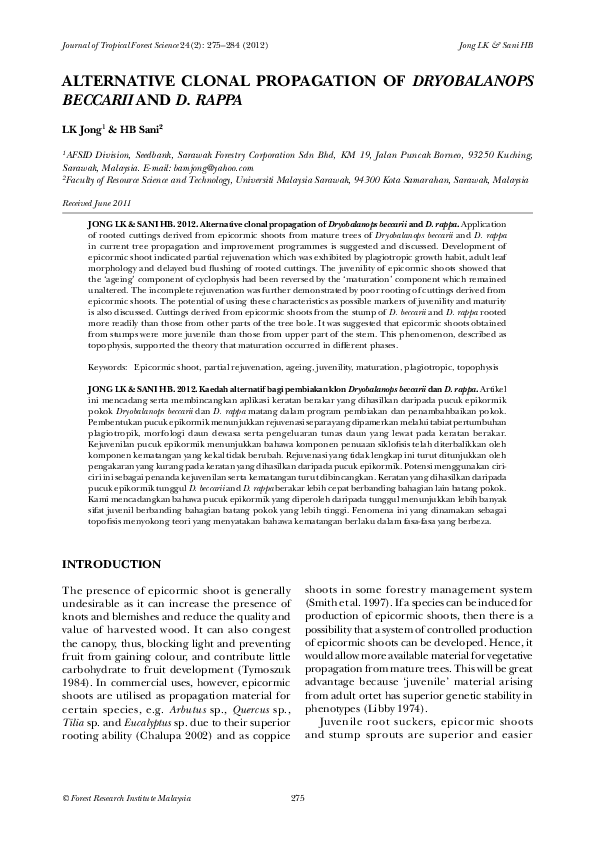 (PDF) ALTERNATIVE CLONAL PROPAGATION OF DRYOBALANOPS BECCARII AND D. RAPPA