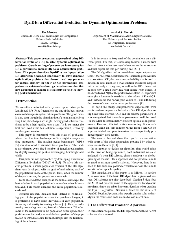 (PDF) DynDE: a differential evolution for dynamic optimization problems | Arvind Mohais ...