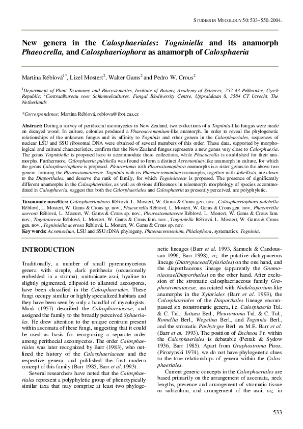 (PDF) 049-New genera in the Calosphaeriales Togniniella and its ...