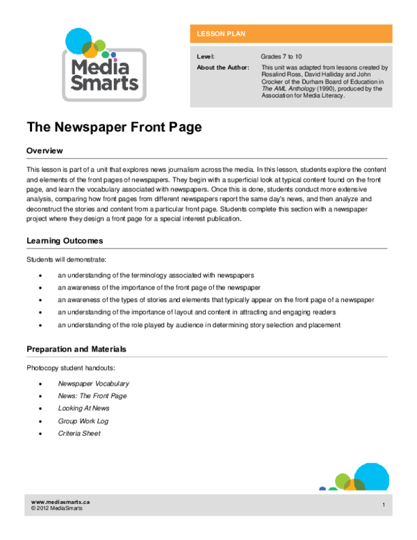 (PDF) Preparation and Materials The Newspaper Front Page