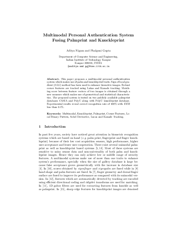 (PDF) Multimodal Personal Authentication System Fusing Palmprint and Knuckleprint