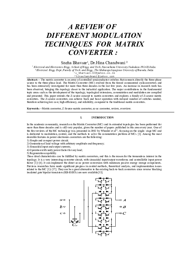 (DOC) A REVIEW OF DIFFERENT MODULATION TECHNIQUES FOR MATRIX CONVERTER